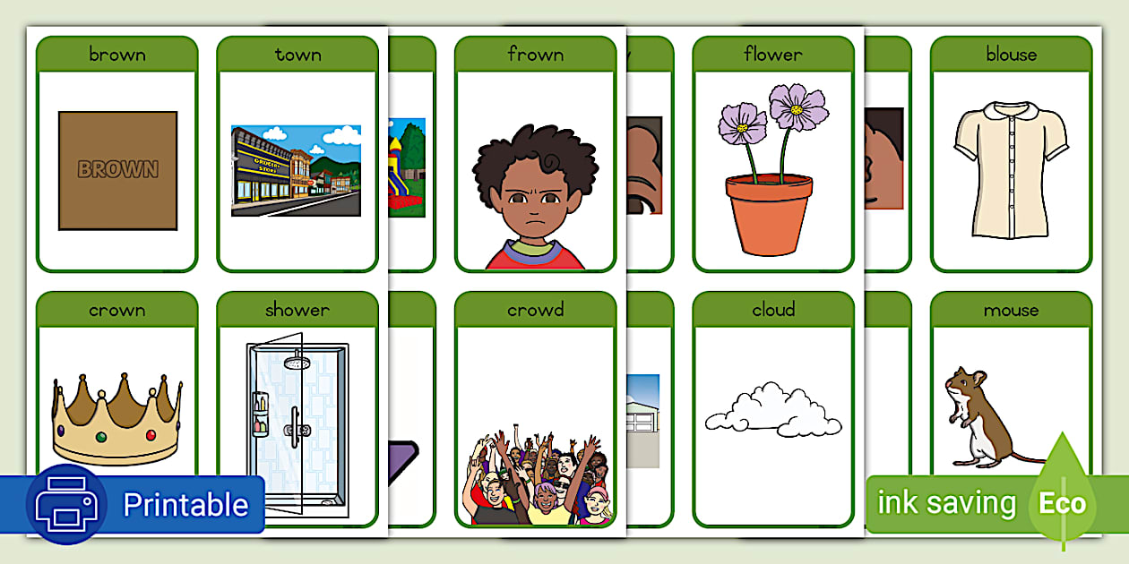 Grade 3 Phonics ow (cow) ou (found): Flashcards - Twinkl