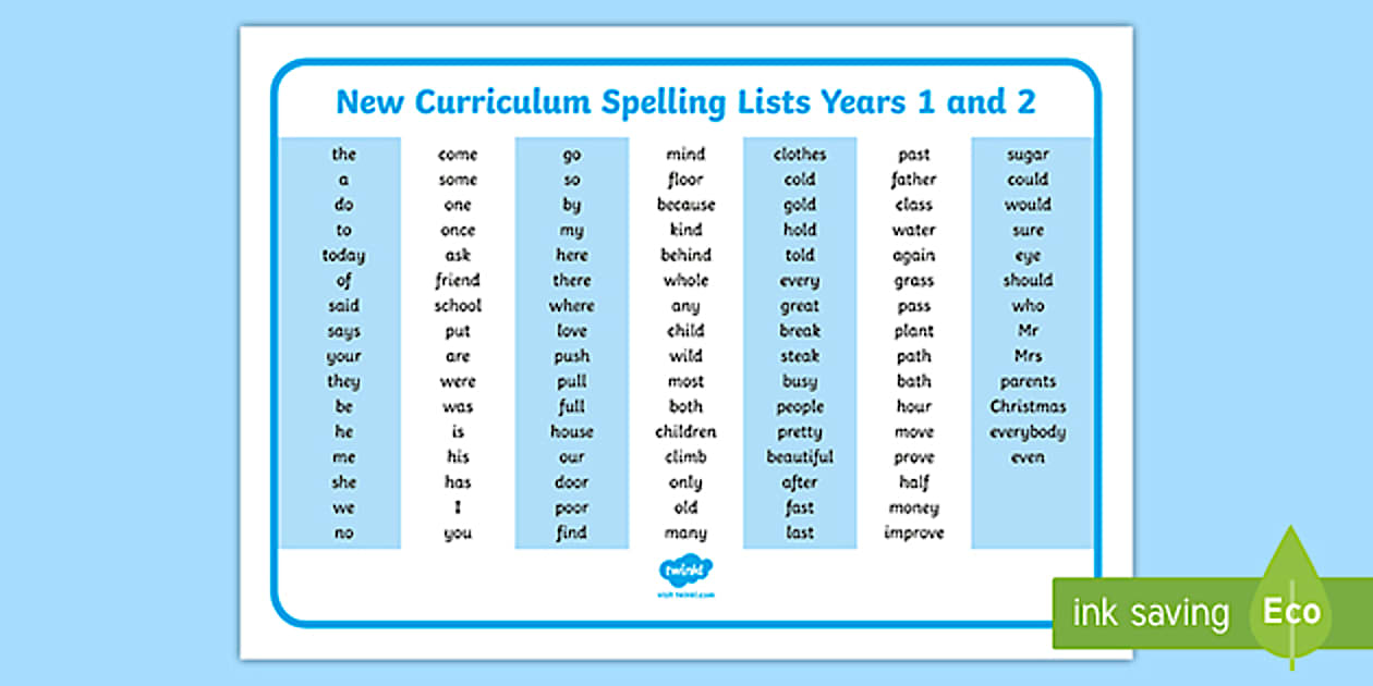 New Curriculum Spellings for Year 1 and 2 - Twinkl