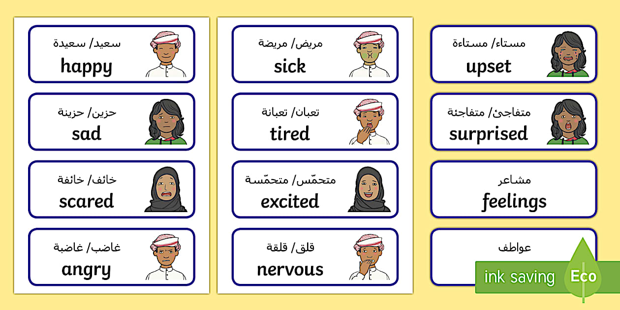 Editable My Feelings and Emotions Word Cards Arabic/English