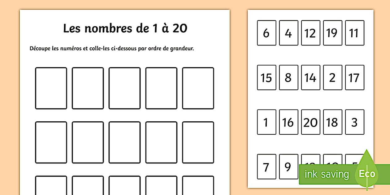 Feuille d'activités : Ordonner les nombres de 1 à 20