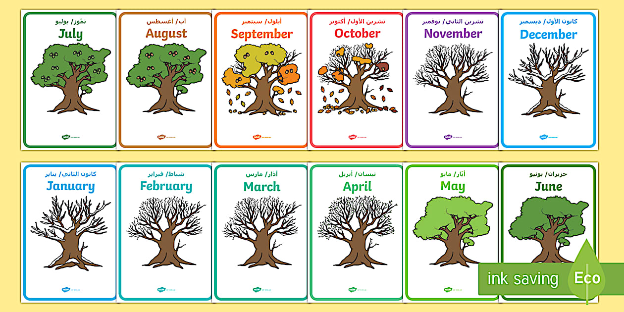 Months of the Year on Oak Trees Display Posters Arabic/English - Months ...