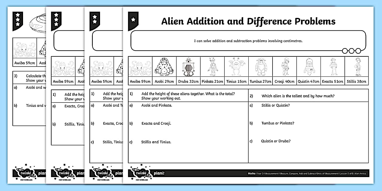 Editable Alien Centimetre Addition and Difference Problems Differentiated
