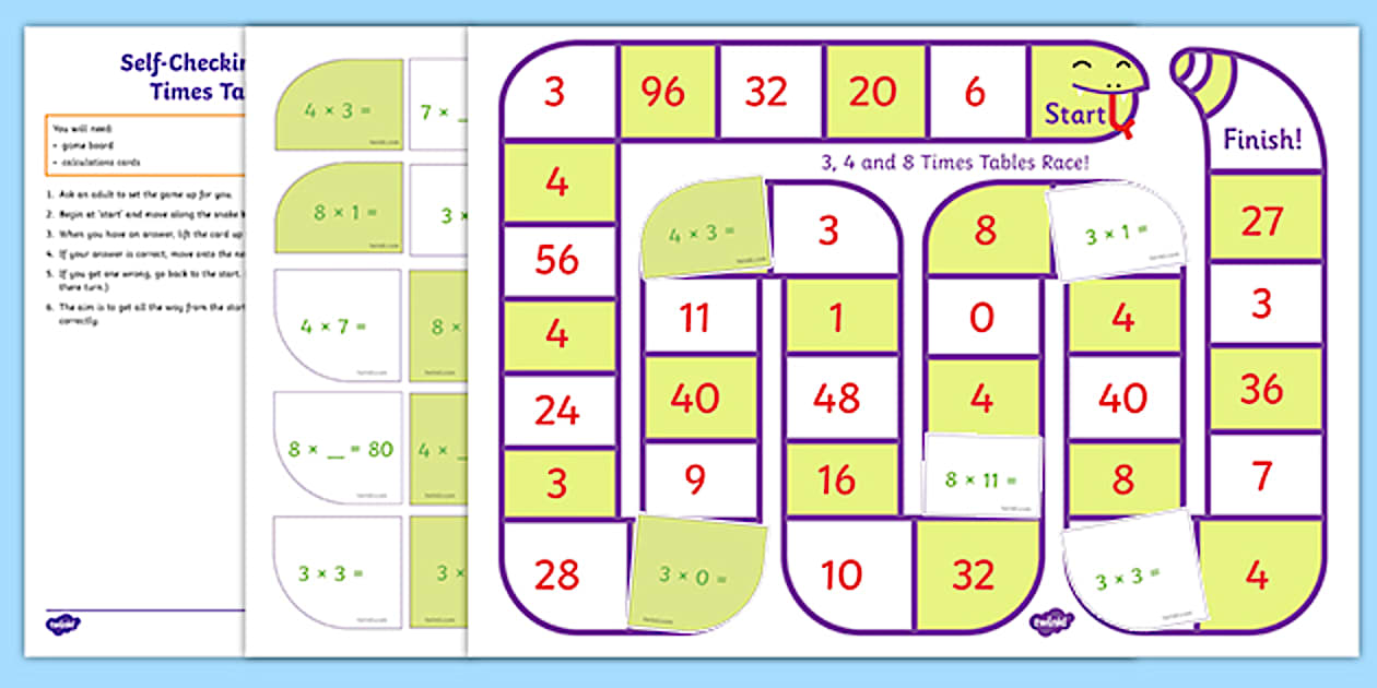 Self Checking 3 4 and 8 Times Tables Board Game - times tables