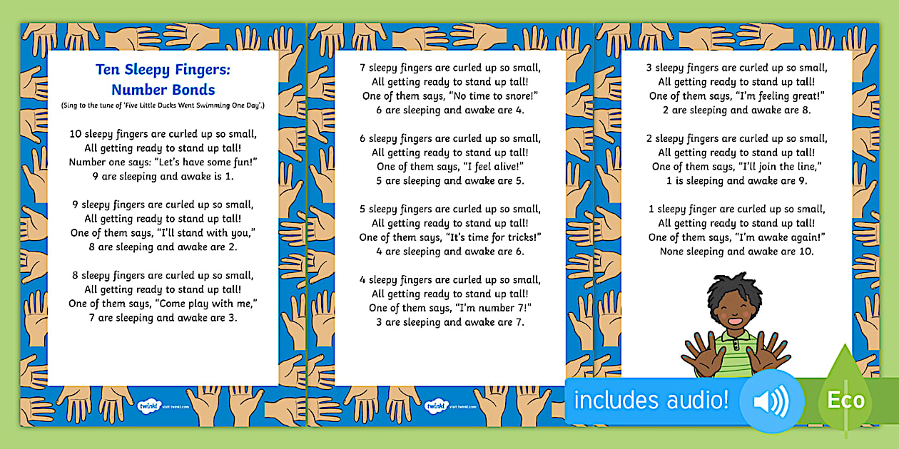 Black and White Ten Sleepy Fingers Number Bonds Song