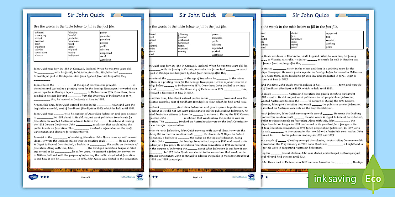 Differentiated Sir John Quick Cloze Activity (teacher made)