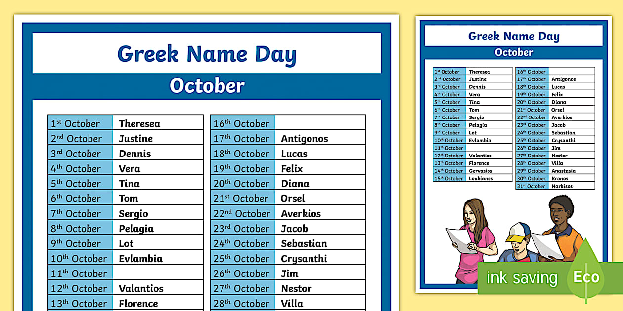 October Greek Name Day Display Poster - AC9HS3K02 - Twinkl