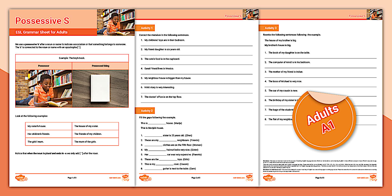 ESL Possessive 'S' Activity Sheet [Adults, A1] - Twinkl