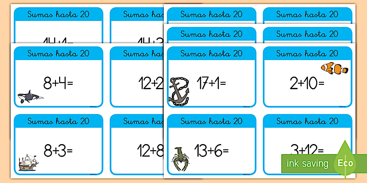 Tarjetas educativas: Sumas hasta 20 - Bajo el mar - Twinkl