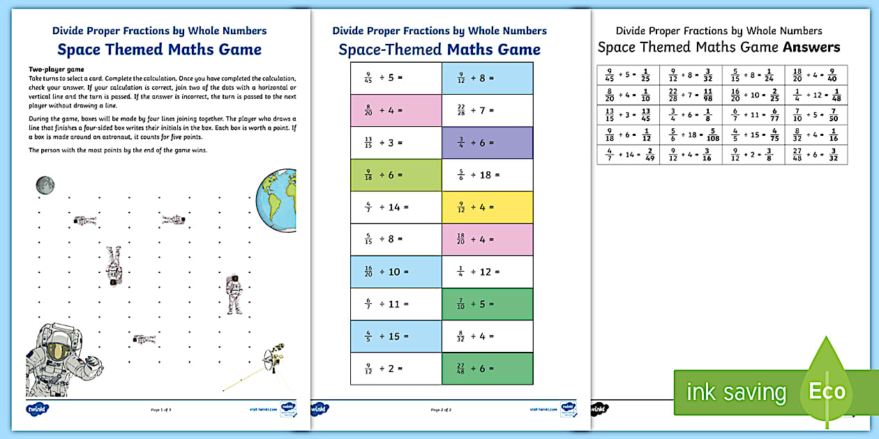 Black and White Year 6 Divide Proper Fractions by Whole Numbers Space ...