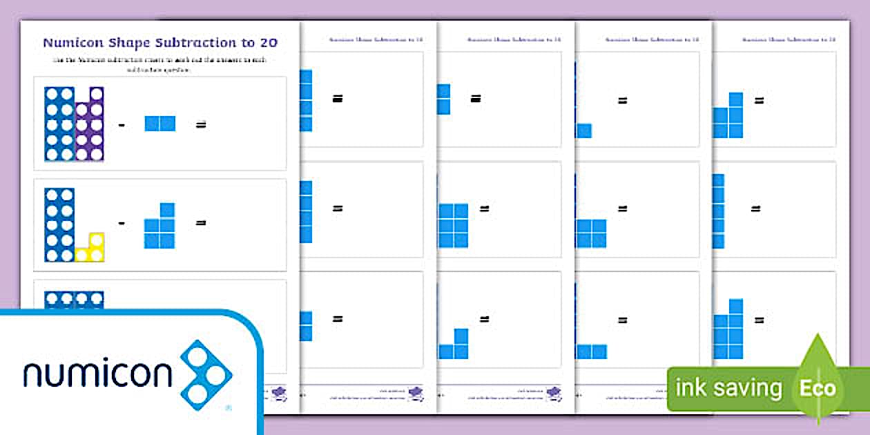 KS1 Numicon Shapes Subtraction within 20 Worksheets - Twinkl