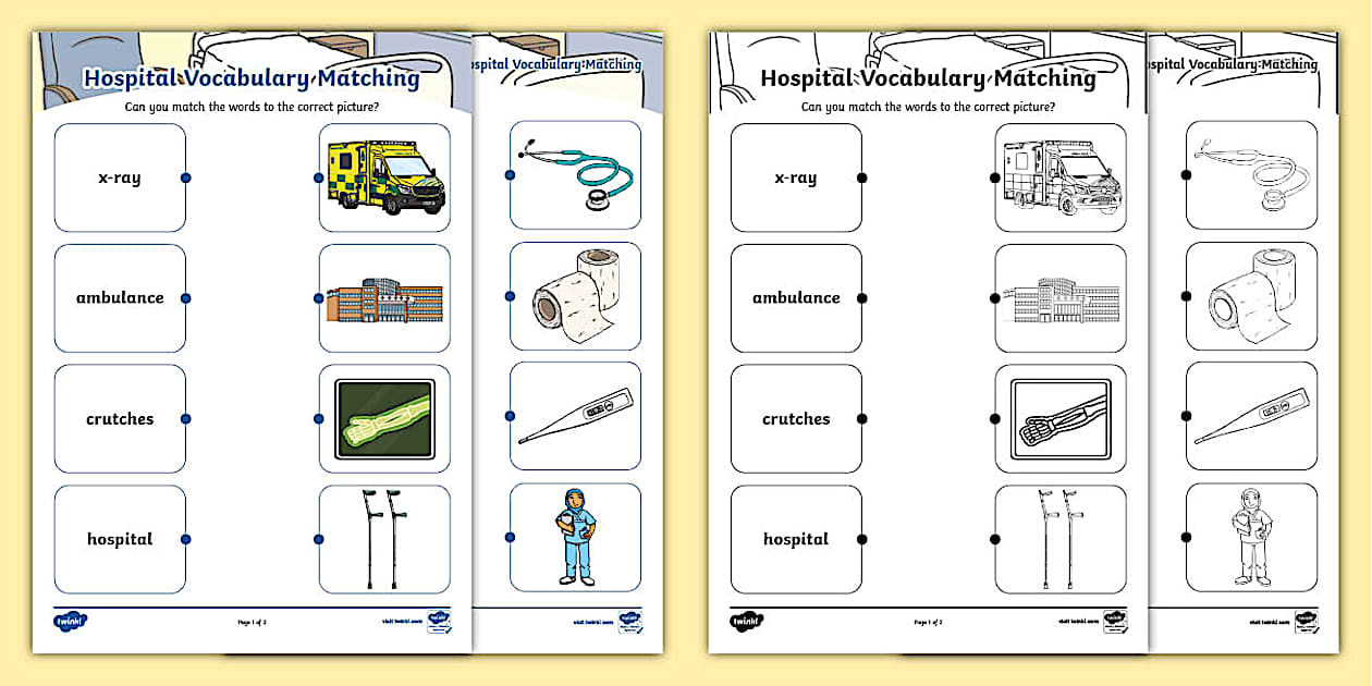 Hospital Vocabulary Matching Worksheet - Twinkl