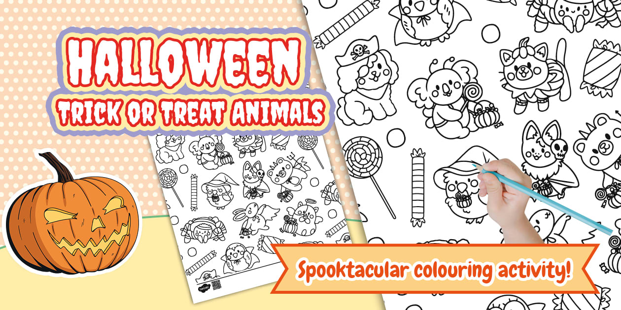 Halloween Trick or Treat Animals - Doodle Colouring Page