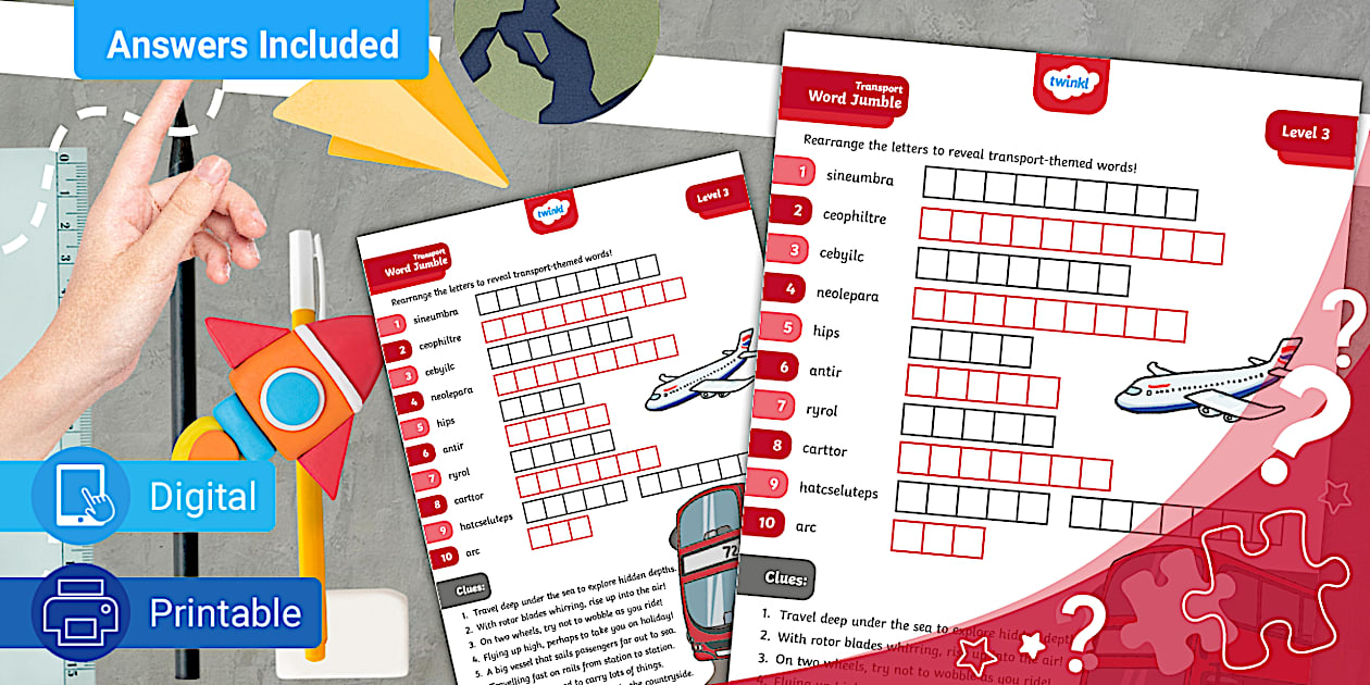 Transport Themed Fun Word Jumble Puzzle - L3 - Kids - Twinkl