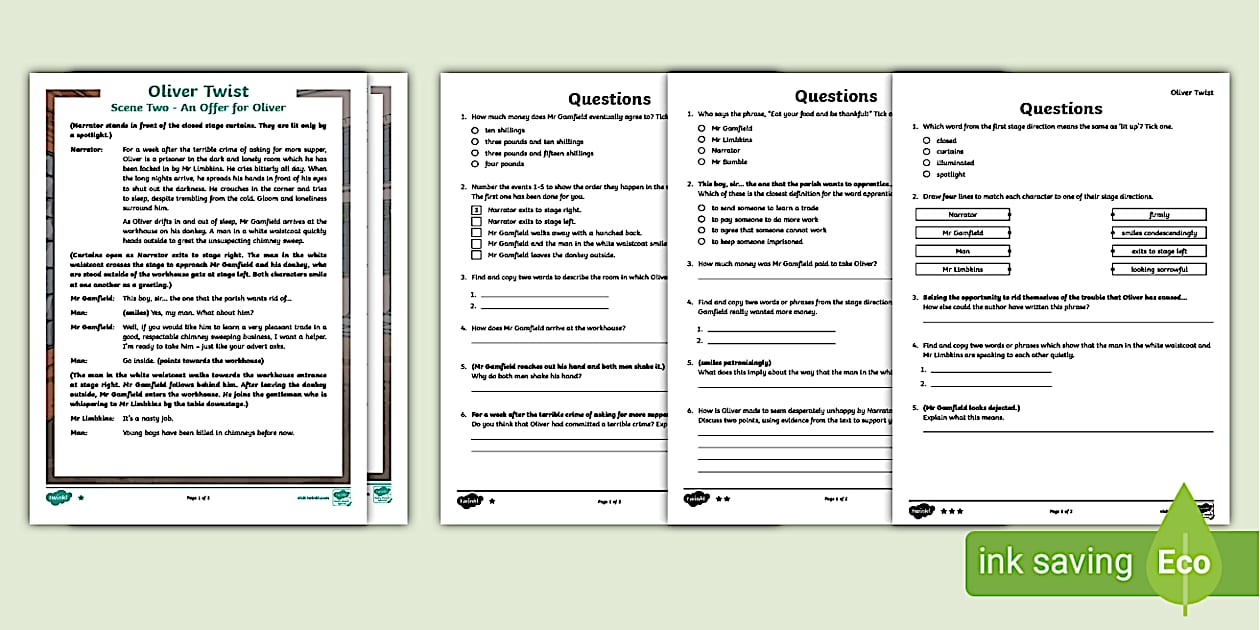 UKS2 Oliver Twist Play Script Differentiated Reading Comprehension Activity