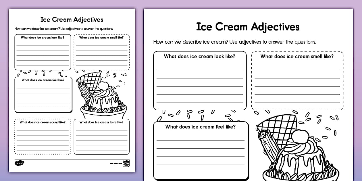 Ice Cream Adjectives Worksheet for K-2nd Grade - Twinkl