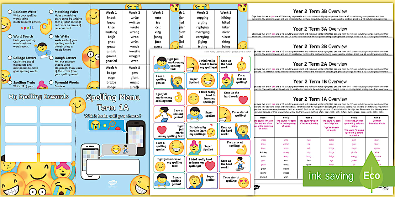 Editable Year 2 Emoji Themed Spelling Menu Pack - Twinkl