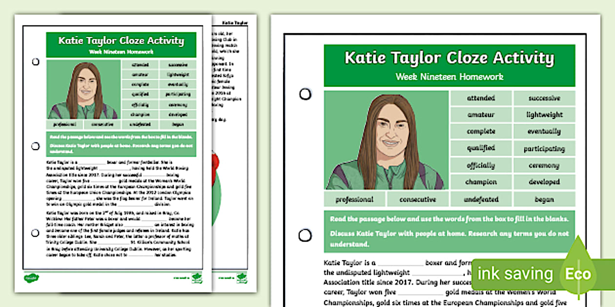 Katie Taylor Cloze Activity Week Nineteen Homework - Twinkl