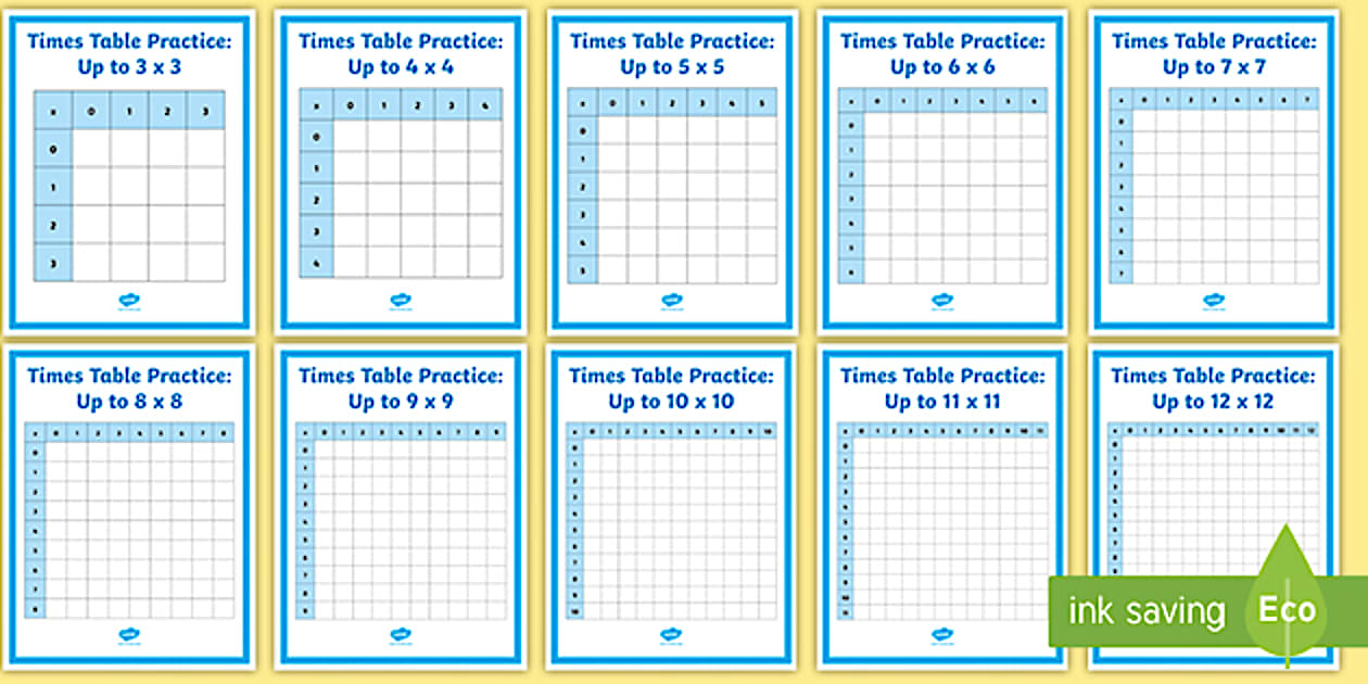 Times Tables Grids to 12x12 | Practice Learning Times Table