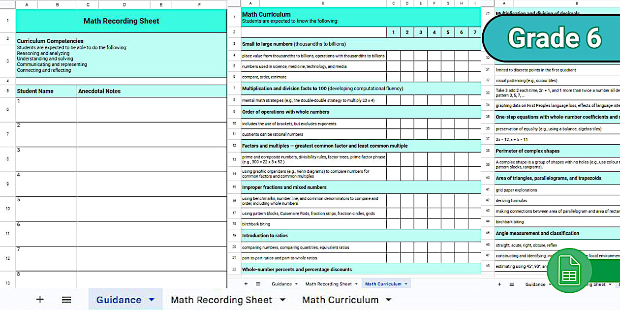 British Columbia Grade 6 Math Editable Recording Sheet