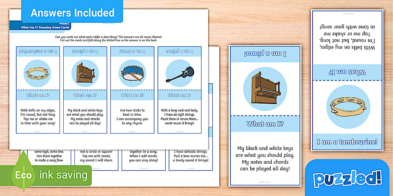 What am I? Music Guessing Game Cards - Twinkl Puzzled - kids