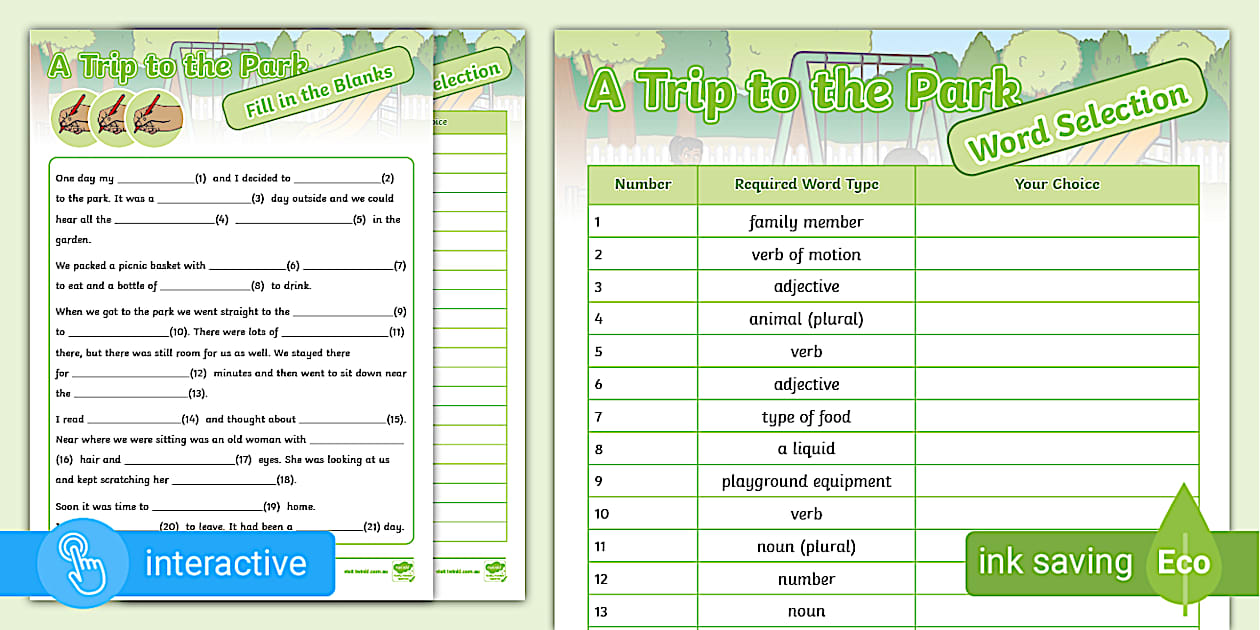 'A Trip to the Park' - Fill in the Blanks Story | Twinkl