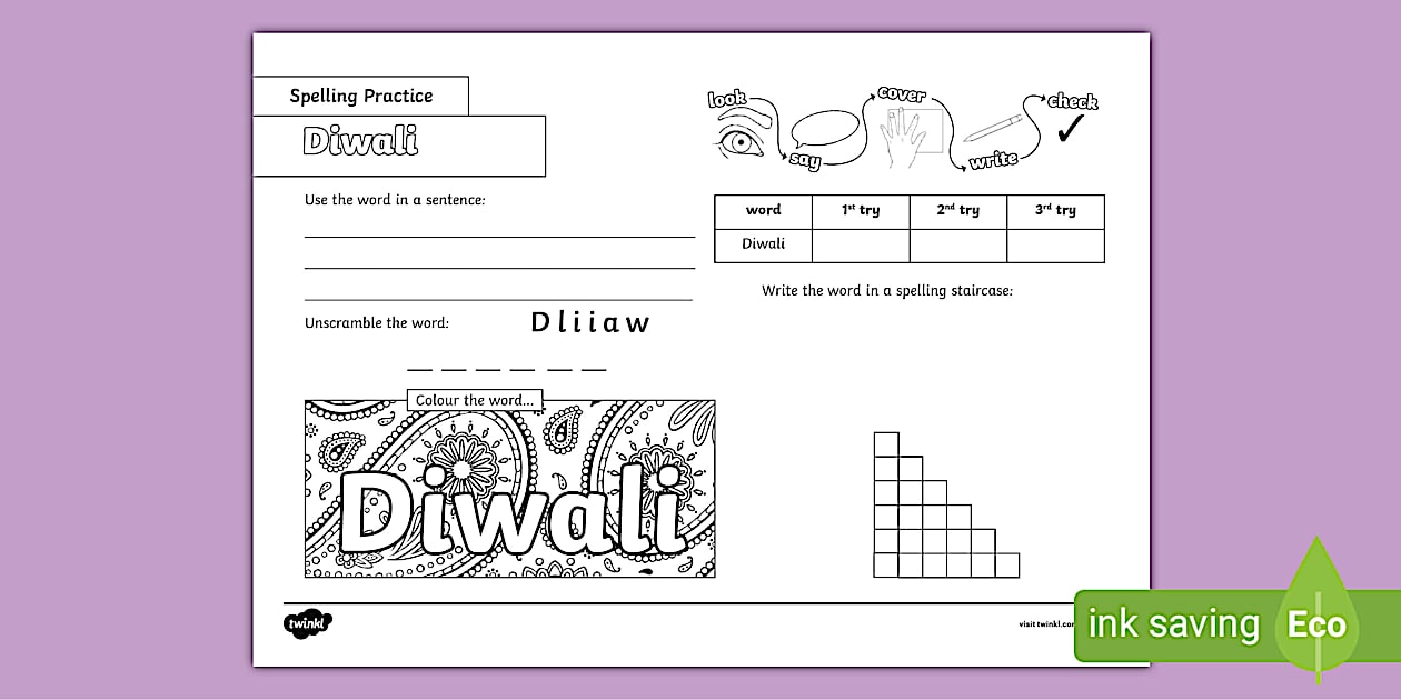 Diwali Spelling Practice Worksheet (Teacher-Made) - Twinkl