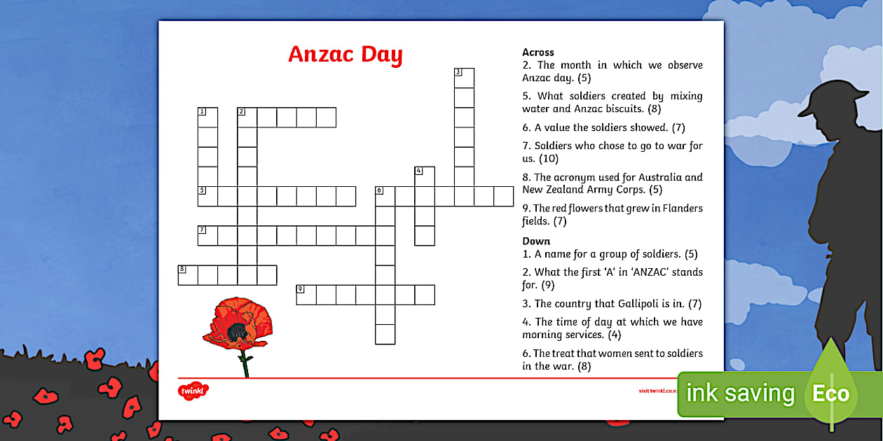 Anzac Crossword | Anzac Day | New Zealand | Years 4 to 6