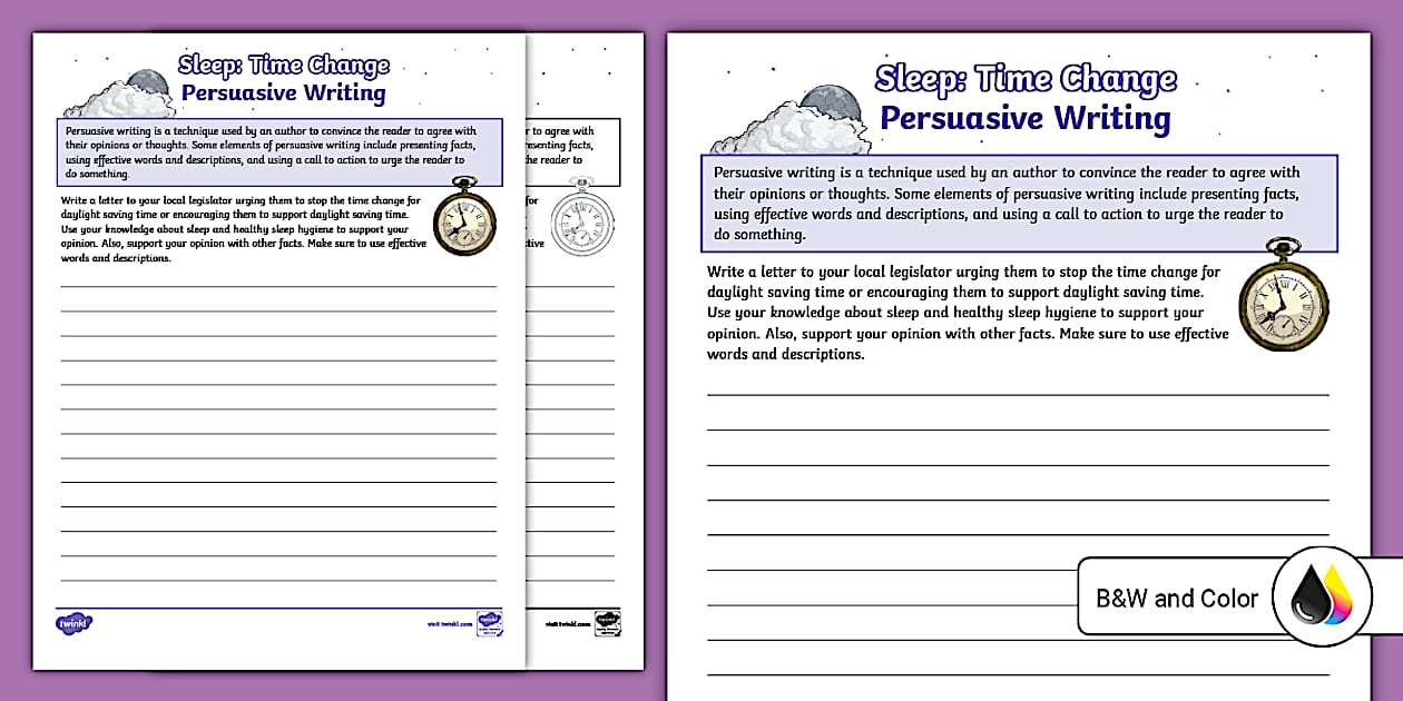 Sleep: Time Change Persuasive Writing Worksheet for 3rd-5th Grade