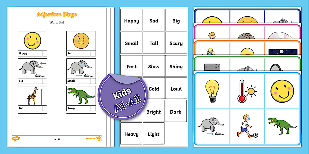 ESL Adjectives Bingo Game [Kids, A1-A2] (teacher made)