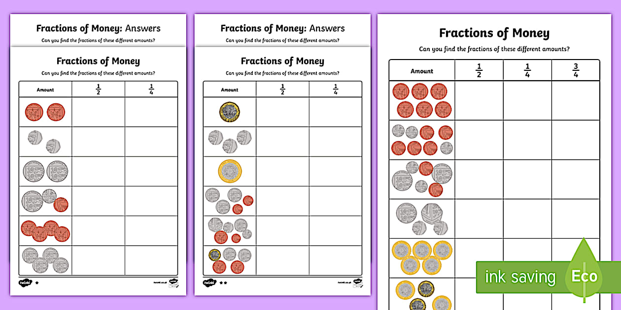 Teaching Fractions using Money Worksheet - Resource Maths Twinkl