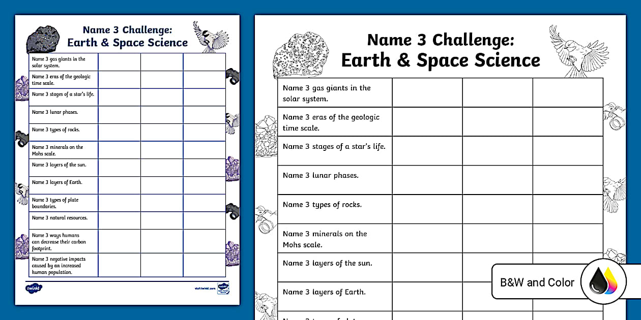 Sixth Grade Earth & Space Science Name 3 Challenge Worksheet
