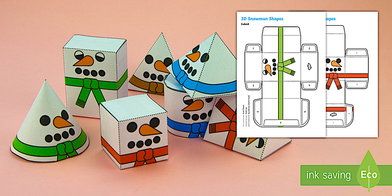 Simple 3D Snowman Shapes Christmas Nets Paper Craft - Twinkl