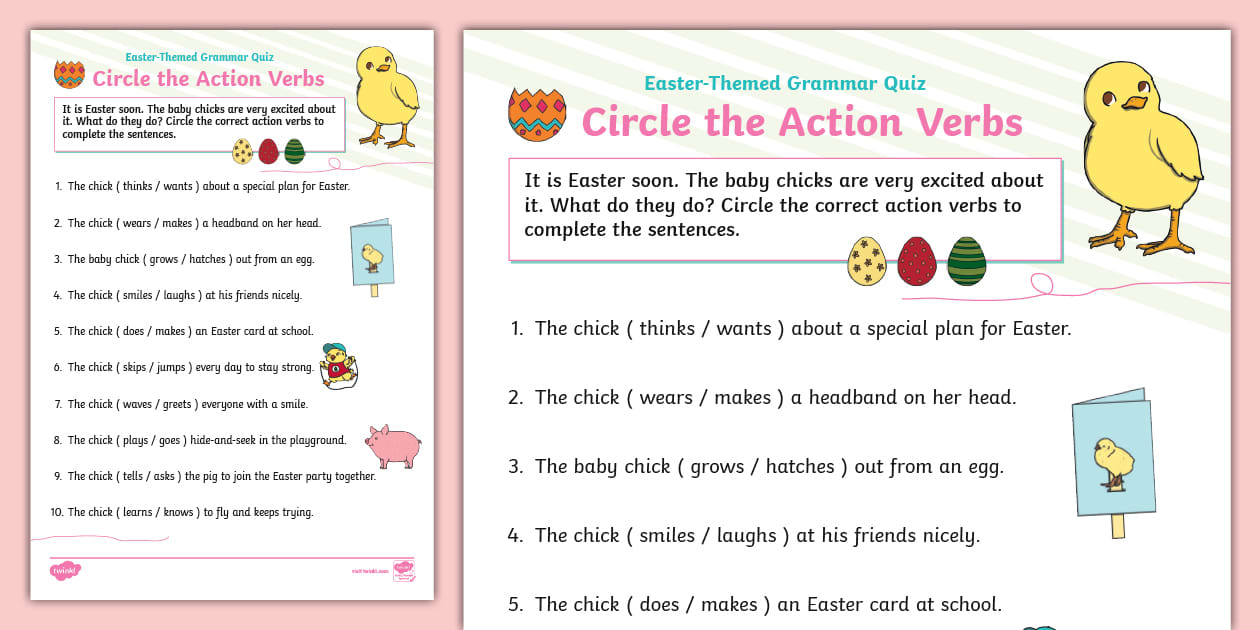 Easter-Themed Grammar Quiz | Circle the Action Verbs | Chick