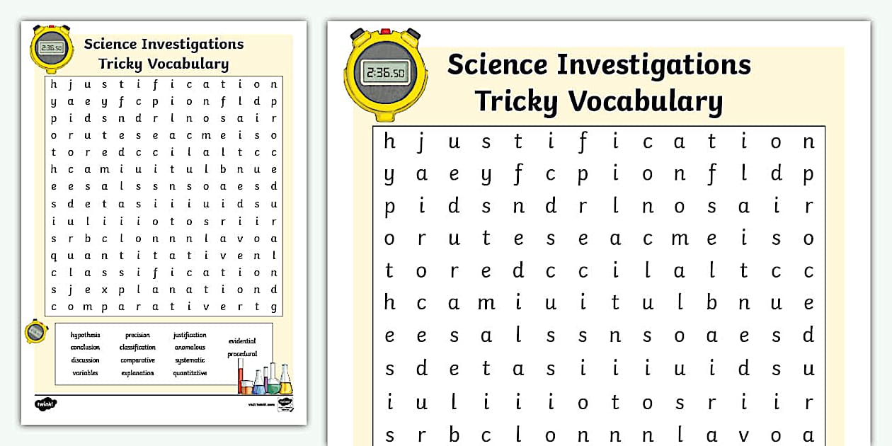 Science Investigations Tricky Vocabulary Word Search