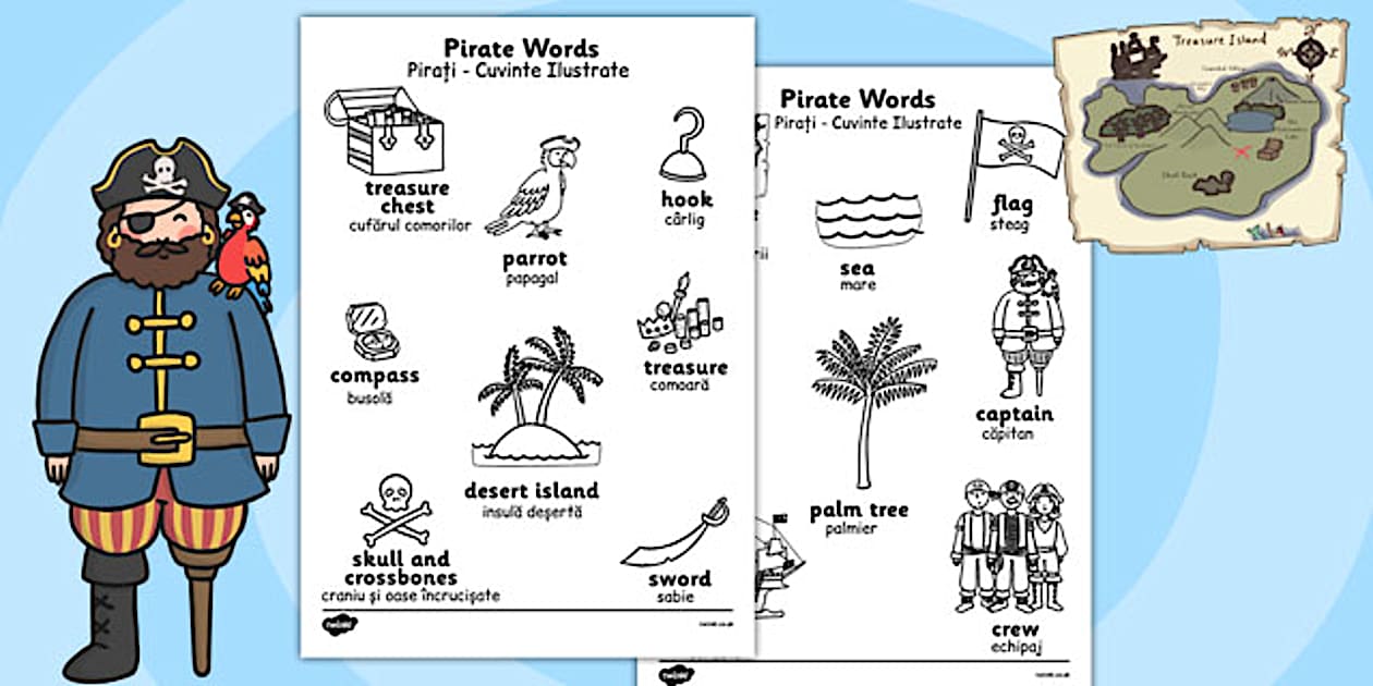 Pirate Words Colouring Sheets Romanian Translation - romanian