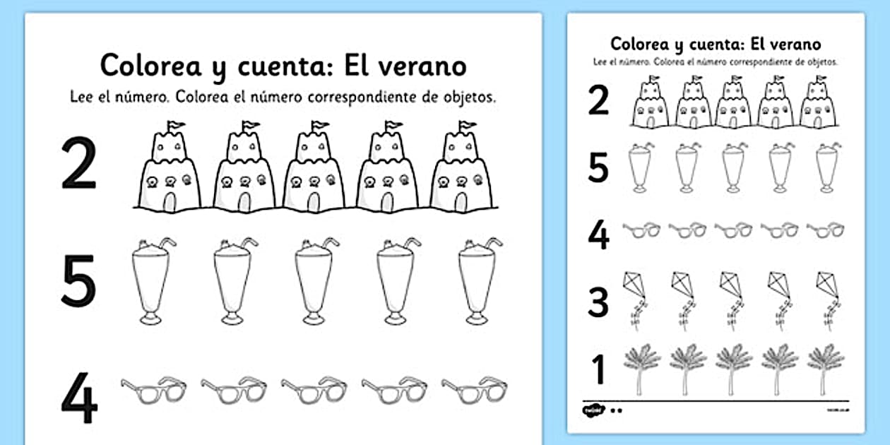 Colorea y cuenta: El verano Summer Themed Count and Colour Sheet Spanish