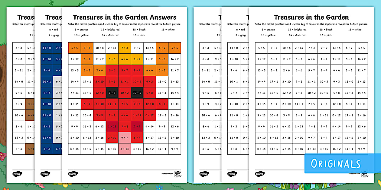 Treasures in the Garden Addition Maths Mosaic Worksheet / Worksheets