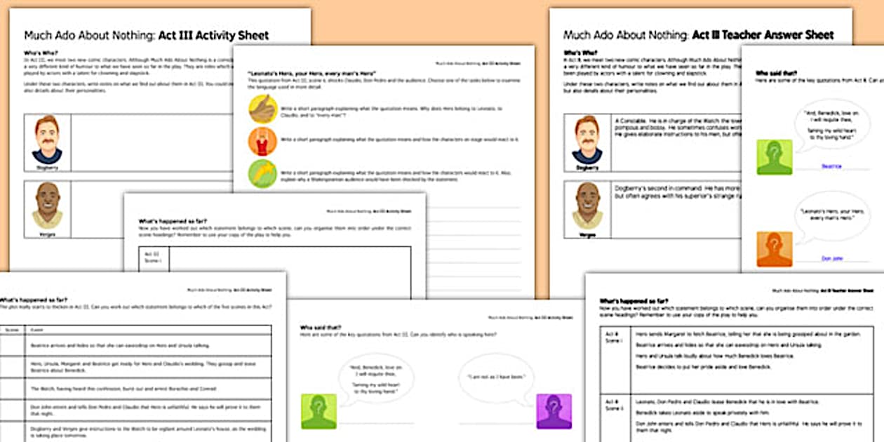 GCSE Much Ado About Nothing Act III Worksheet / Worksheet and Answers