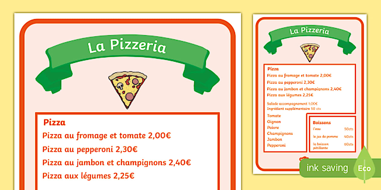 Pizza Parlour Role Play Menu French (teacher made) - Twinkl