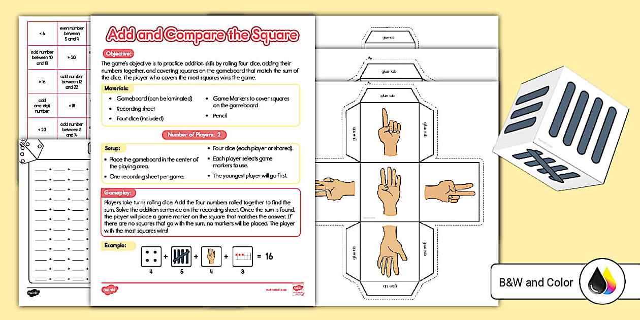 Second Grade Add and Compare the Square Partner Activity Worksheet