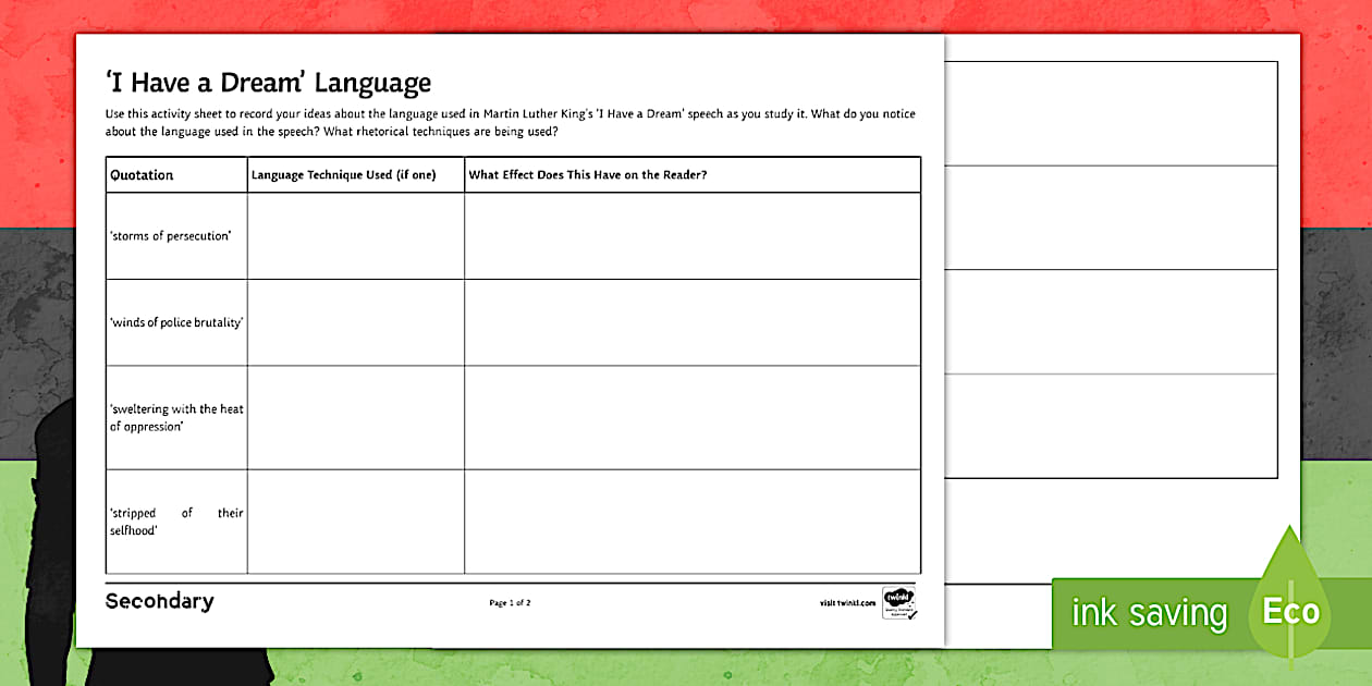 Martin Luther King Jr's 'I Have a Dream' Speech Language Worksheet ...