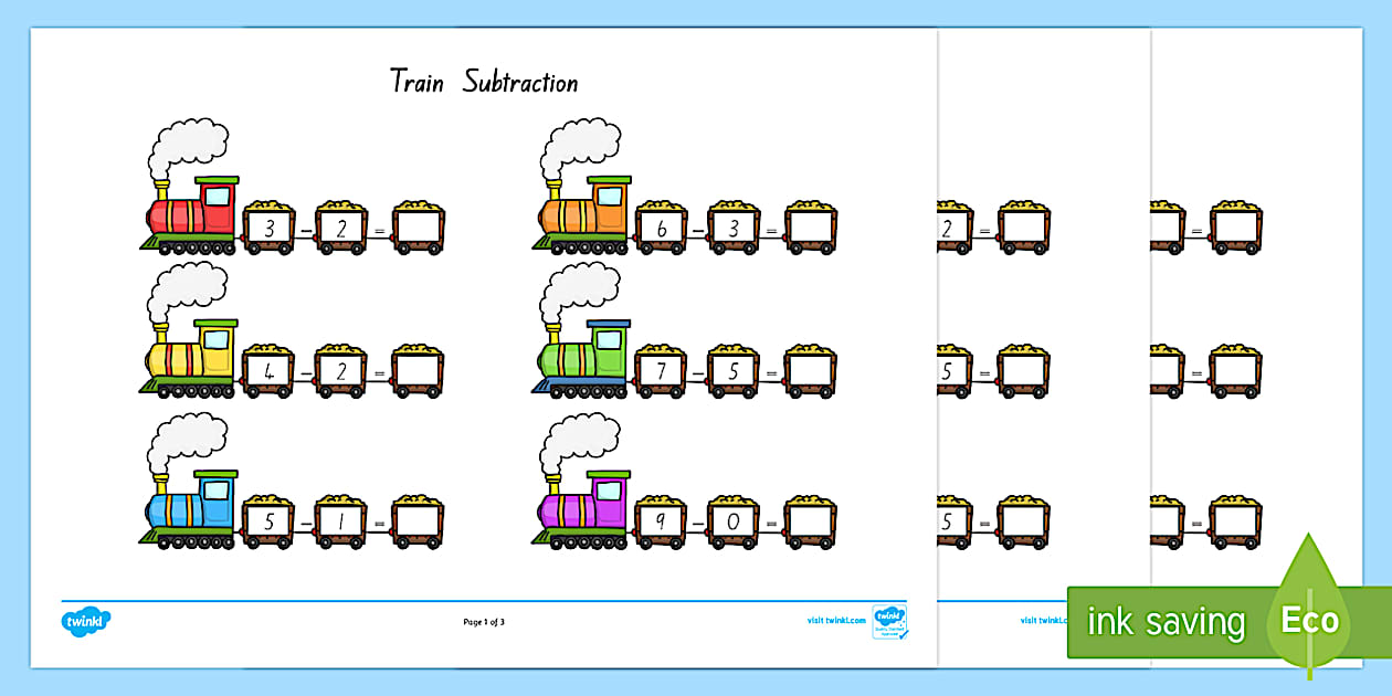 Editable Train Subtraction Worksheet (teacher made) - Twinkl