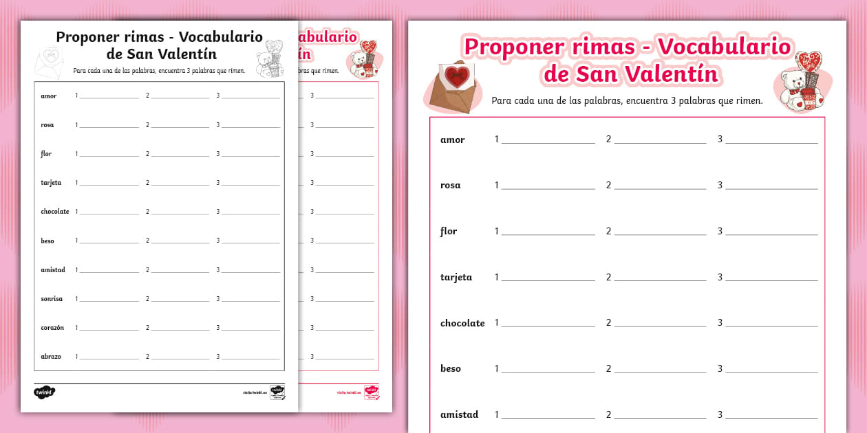 Ficha de actividad: Proponer rimas Vocabulario San Valentín