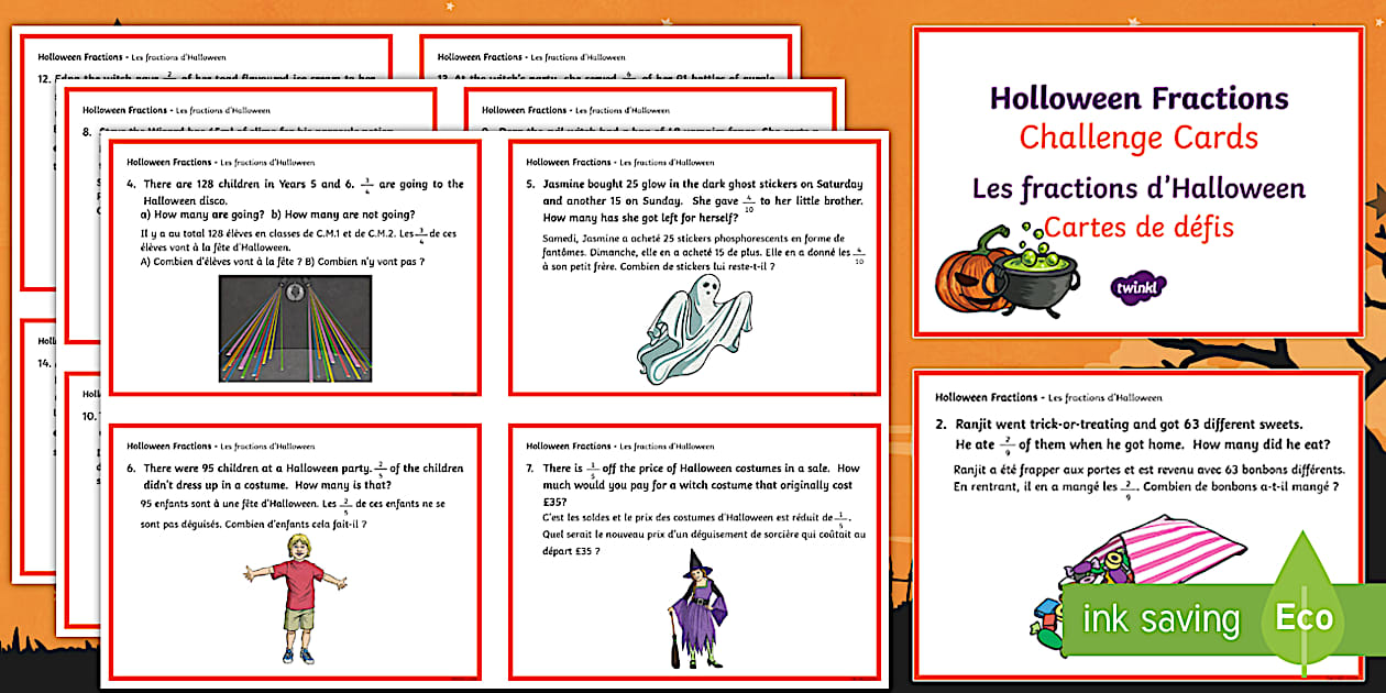 Halloween Fractions Challenge Cards English/French - Twinkl