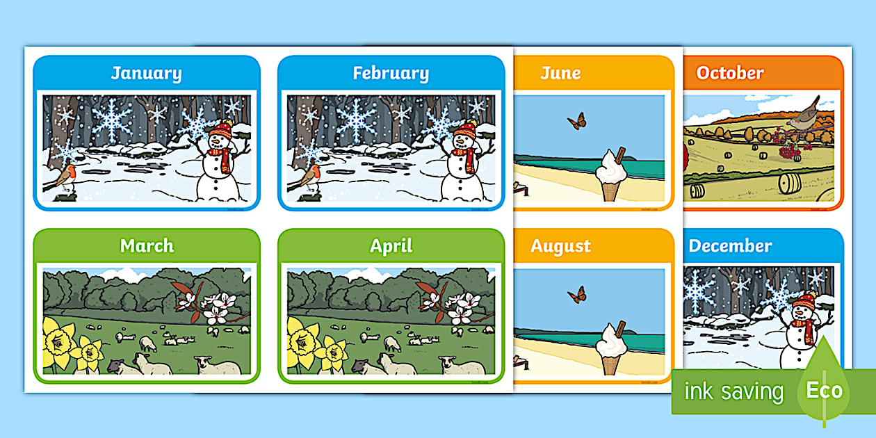 Months of the Year Illustrated Seasons Flashcards - Twinkl