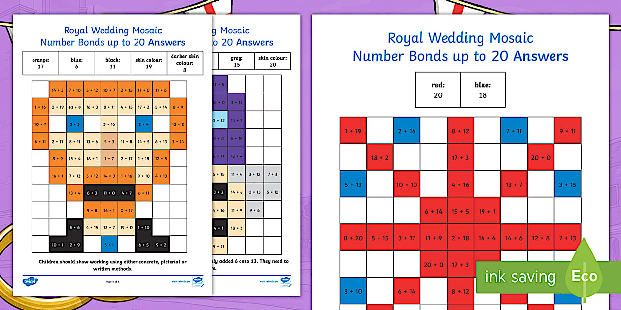 KS1 Royal Wedding Number Bonds within 20 Maths Mosaic Worksheets