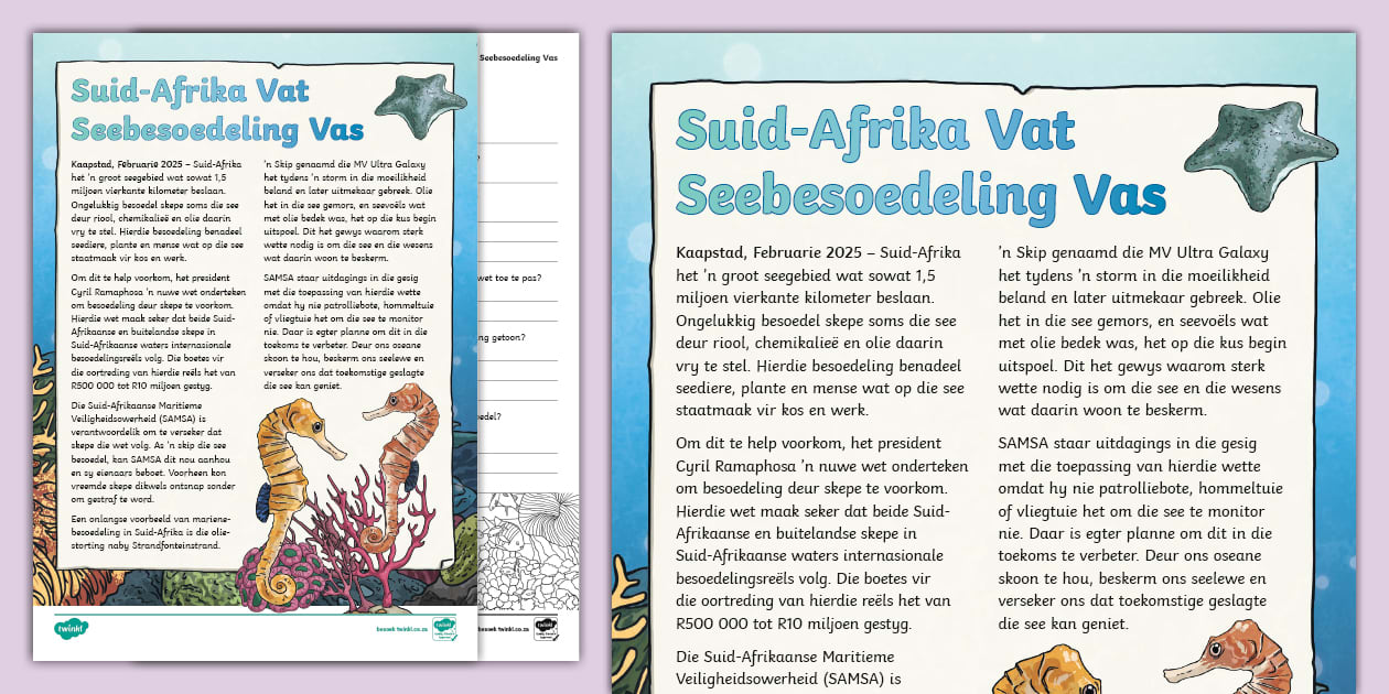 Koerantberig - Suid-Afrika vat Seebesoedeling Vas - Twinkl