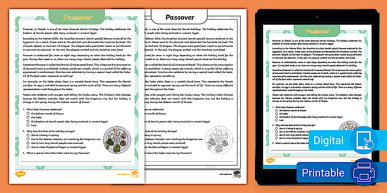 Fifth Grade Passover Reading Comprehension Worksheet