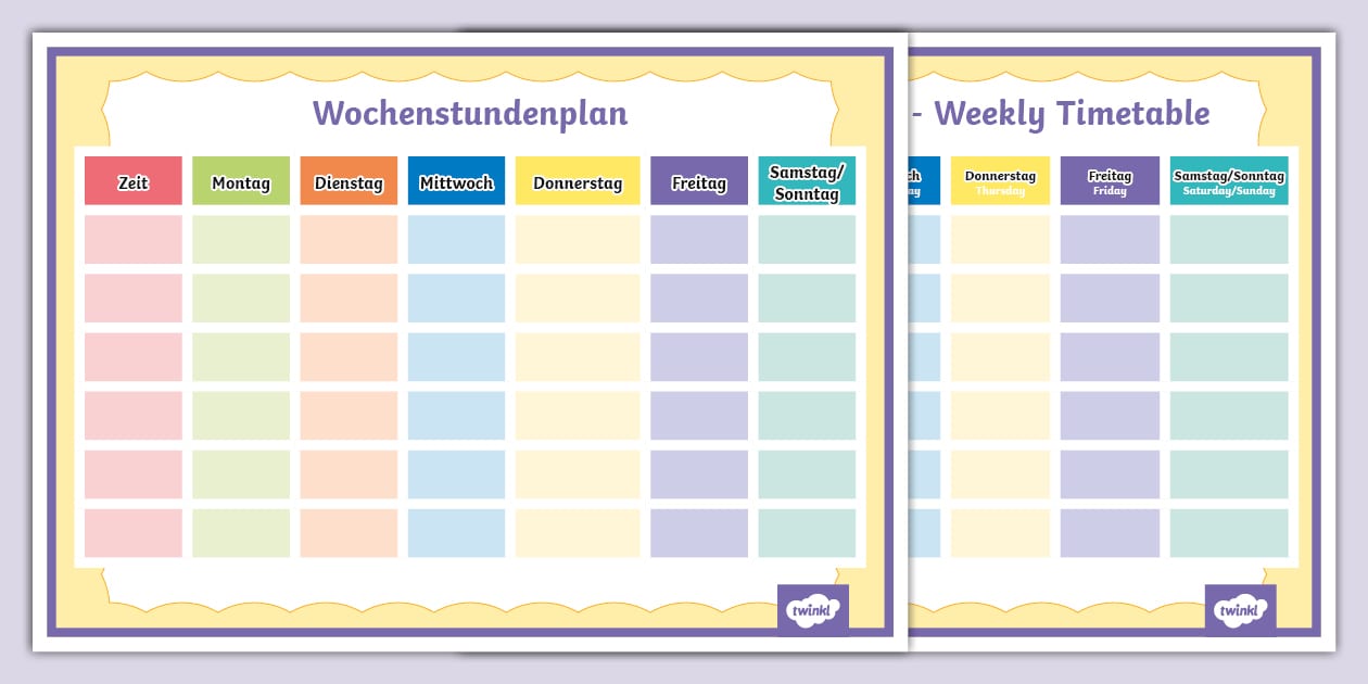 Weekly Timetable Template - German (teacher made) - Twinkl