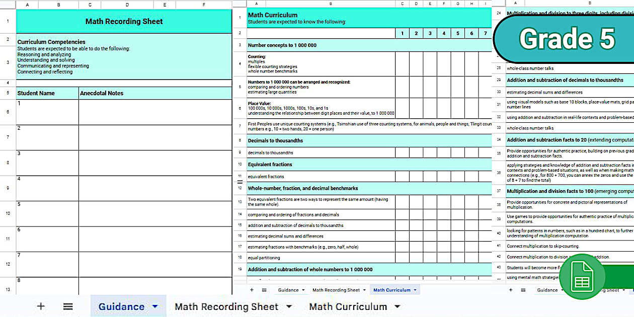 British Columbia Grade 5 Math Editable Recording Sheet